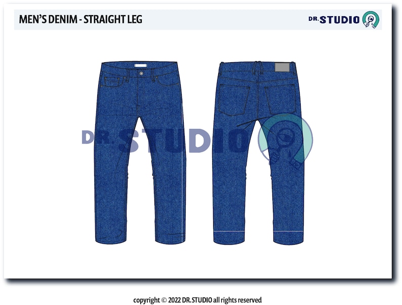 Mens STRAIGHT Leg Denim Jean CAD, Sketch, Fashion Flat, Digital ...