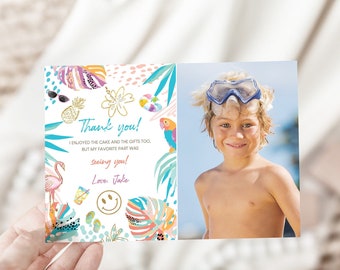 Editable Beach Birthday Thank You Card, Summer Birthday Thank You Note ...