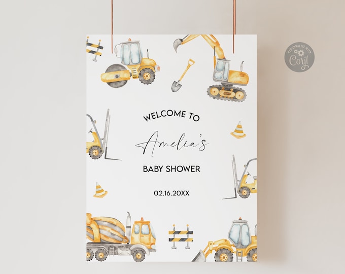 Construction Baby Shower Welcome Sign: Editable Birthday Party Decor ...