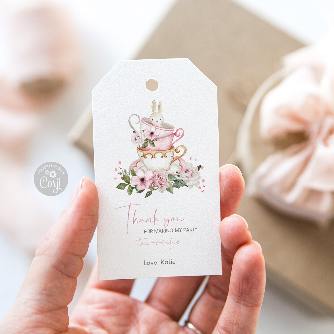 Editable Tea Cups Favor Tags | Tea Cups and Bunny Floral Peach Birthday ...