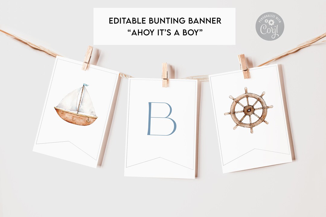 Ahoy It's a Boy Nautical Baby Shower Bunting Banner, Editable Blue ...