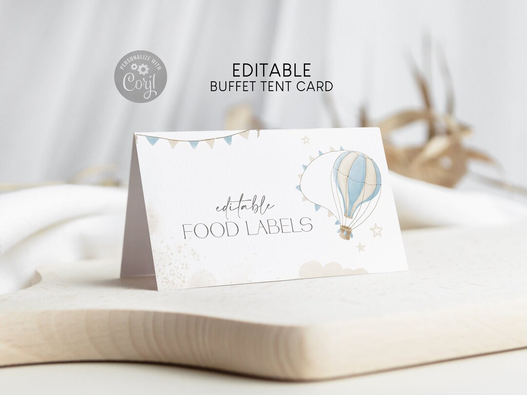 Hot Air Balloon 3.5x2" Folded Place Card, Blue Air Balloon Buffet Food ...