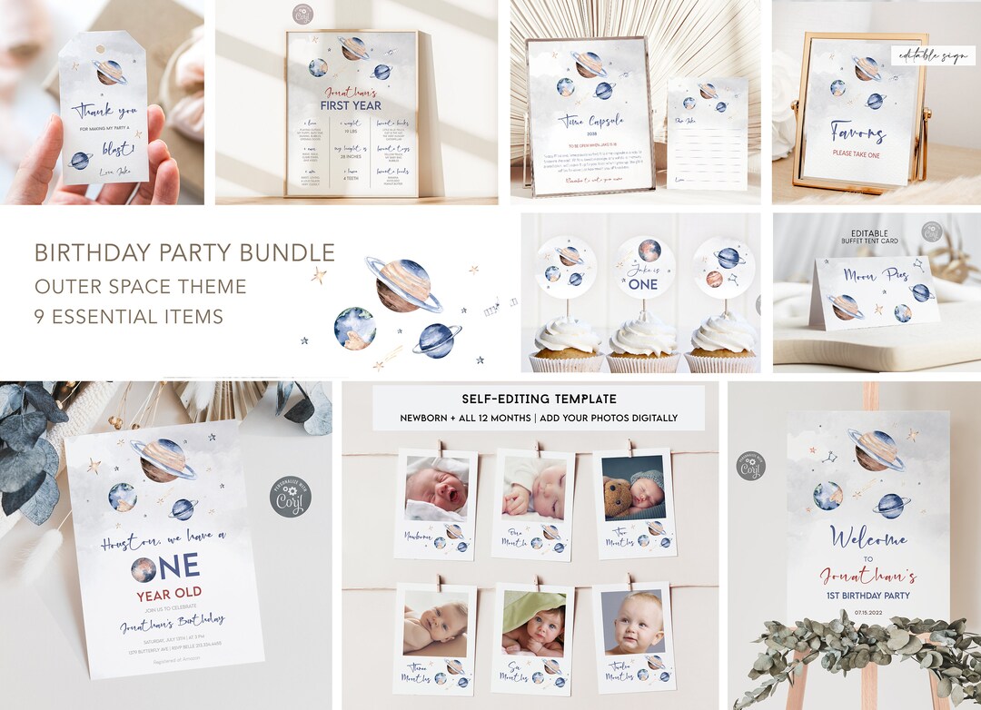 Editable Galaxy Birthday Party Bundle | Outer Space Theme Party | Blue ...