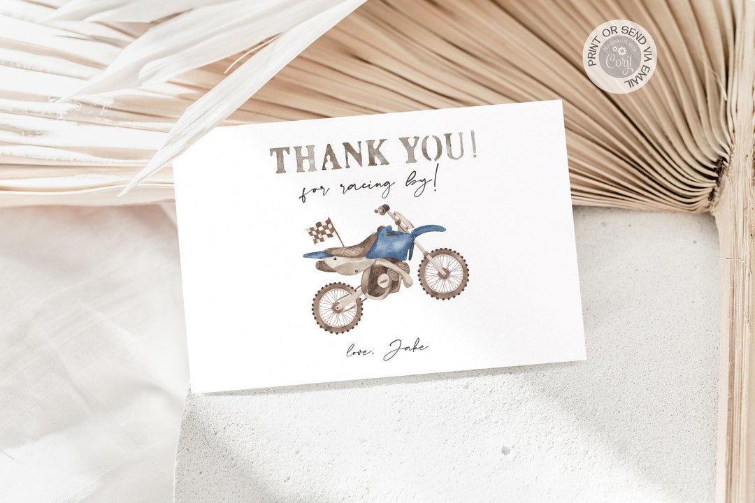 Blue Dirt Bike Thank You Card, Motorcycle Motocross Motorbike Birthday ...