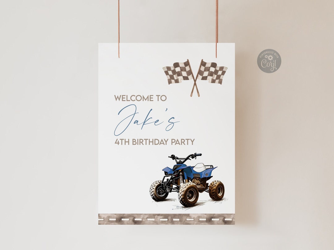 Blue ATV Bike Birthday Welcome Sign, Editable 4 Wheeler Bike Birthday ...