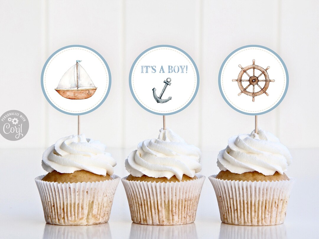 Nautical Baby Shower Cupcake Toppers, Blue Sailboat It's a Boy Baby ...