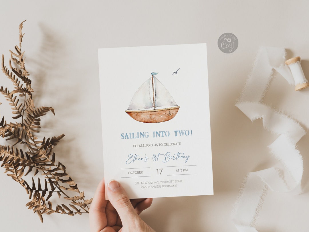 Sailing Into Two Birthday Invitation, Editable Sailboat 2nd Birthday ...