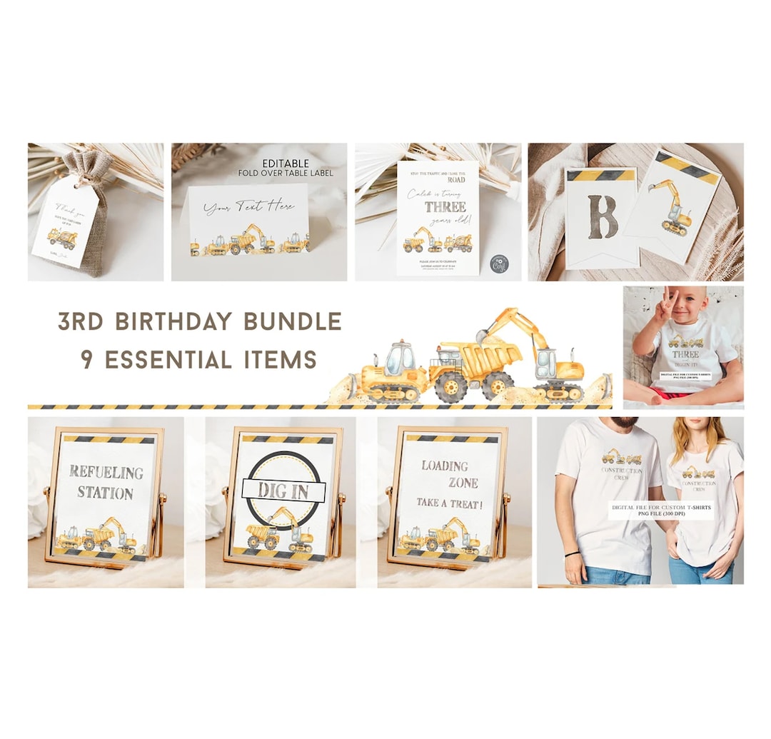 Construction Trucks Theme 3rd Birthday Party Bundle, Printable Digger ...