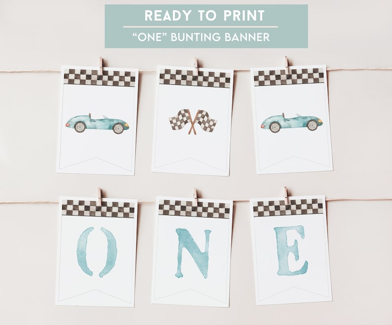 Printable Race Car one Birthday Bunting Banner - Etsy