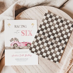 Racing Into Six Race Car Birthday Invitation, Editable Pink Retro Race ...