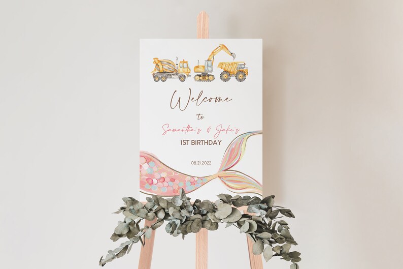 Mermaid Construction Theme Bundle, Printable Joint Birthday Party ...