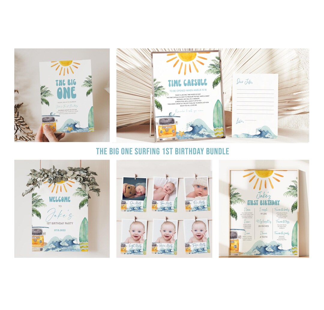 Retro Surf Birthday Party Bundle: Editable Beach Theme Decor (digital ...