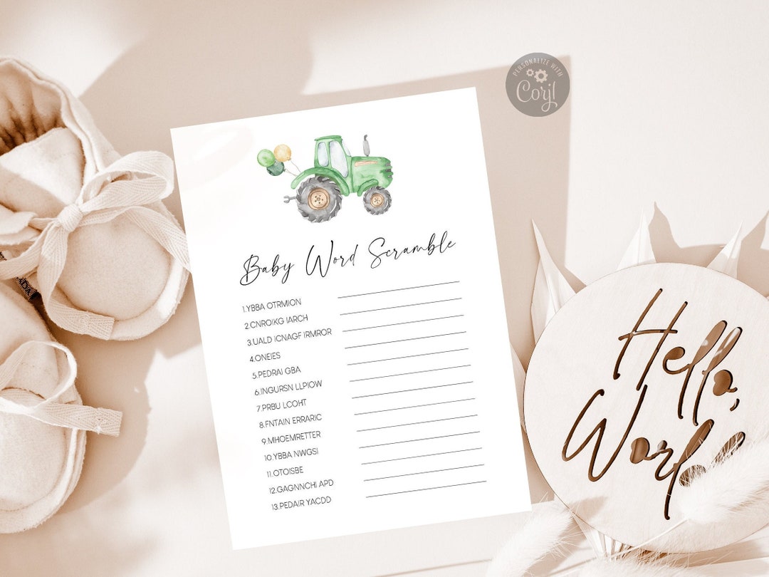 Green Tractor Baby Shower Game, Baby Word Scramble, Festive Balloons ...