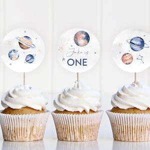 Space Cupcake Toppers, Blue Planets First Birthday Cake Toppers ...