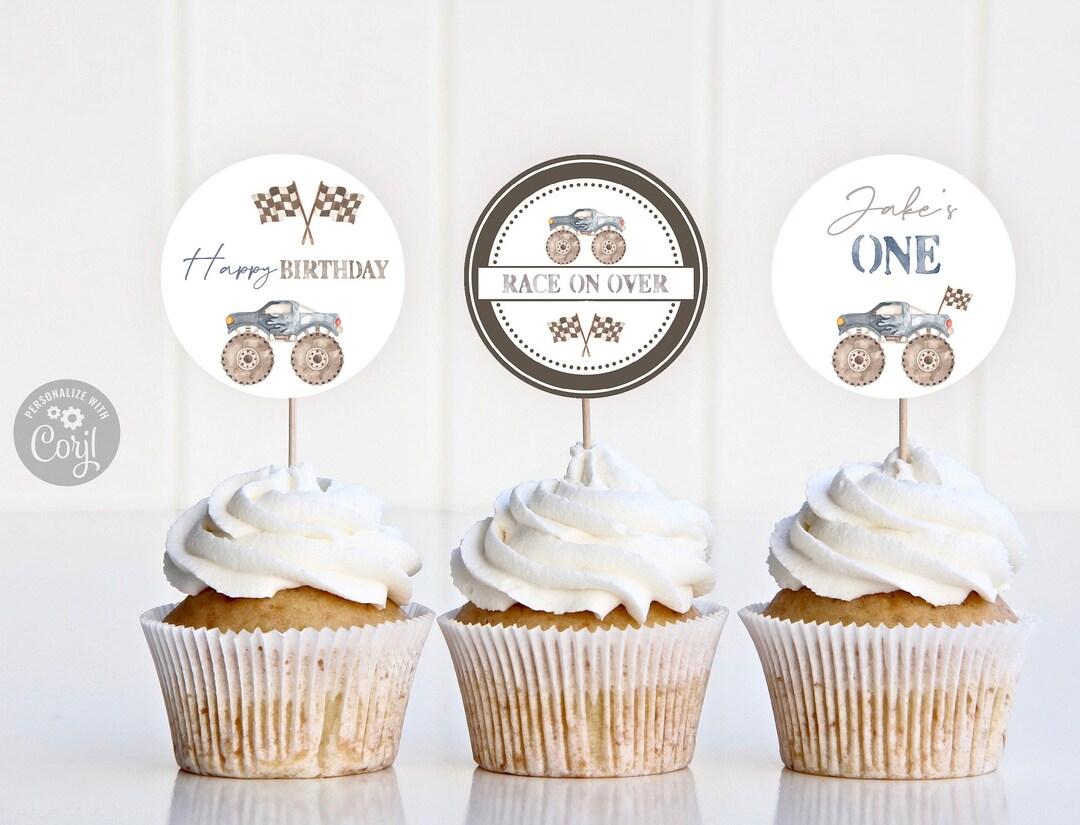 Monster Truck Birthday Cupcake Toppers: Dusty Blue Decorations (digital ...