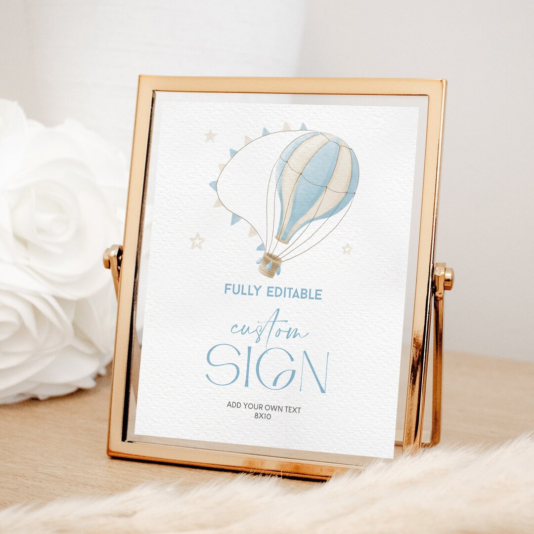 Blue Hot Air Balloon Birthday Party Sign, Editable Custom Party Food ...