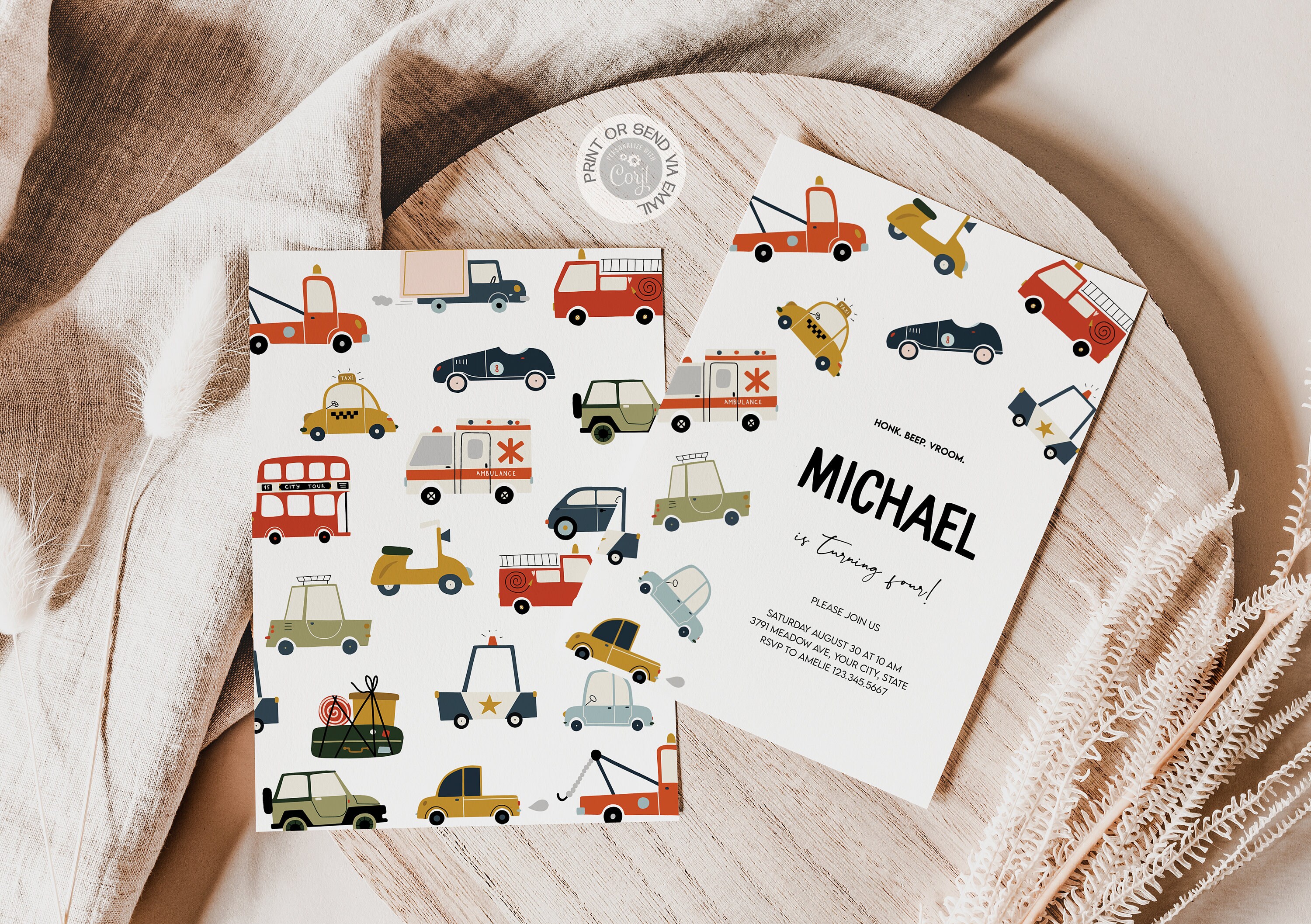 City Cars Birthday Invitation: Editable Transportation Theme (instant ...