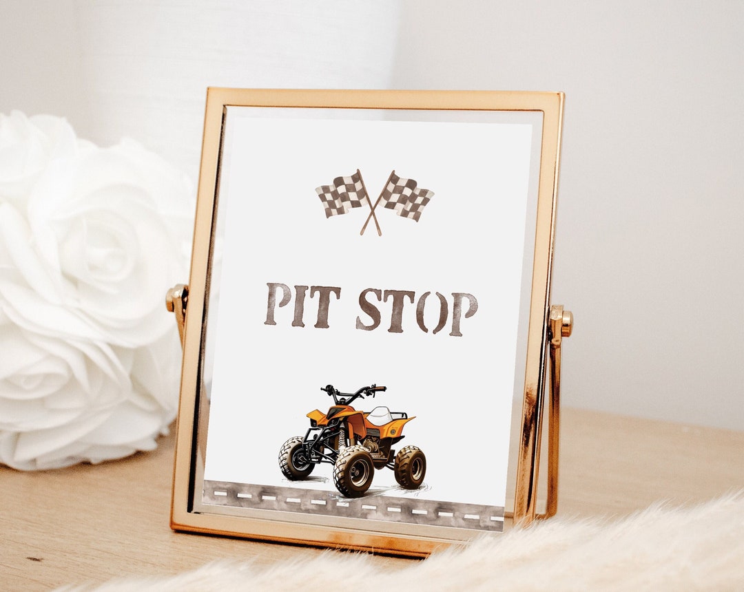 Printable 4 Wheeler Themed Pit Stop Sign, Orange ATV Bike Birthday Sign ...
