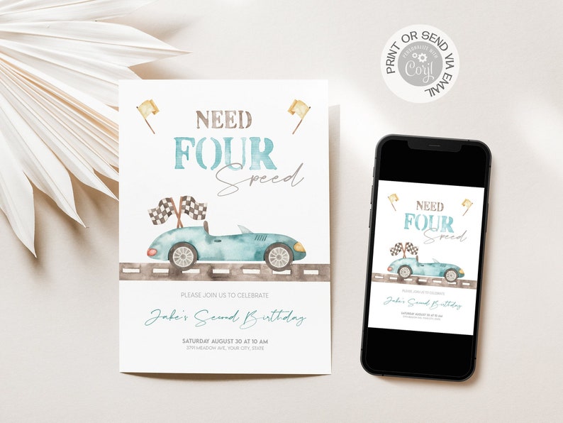 Editable Need Four Speed Blue Race Car Birthday Invitation - Etsy