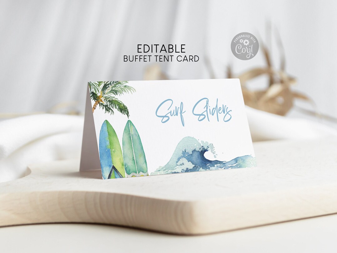 Editable Surf Birthday Food Tents: Blue Green Surfboard Party (INSTANT ...