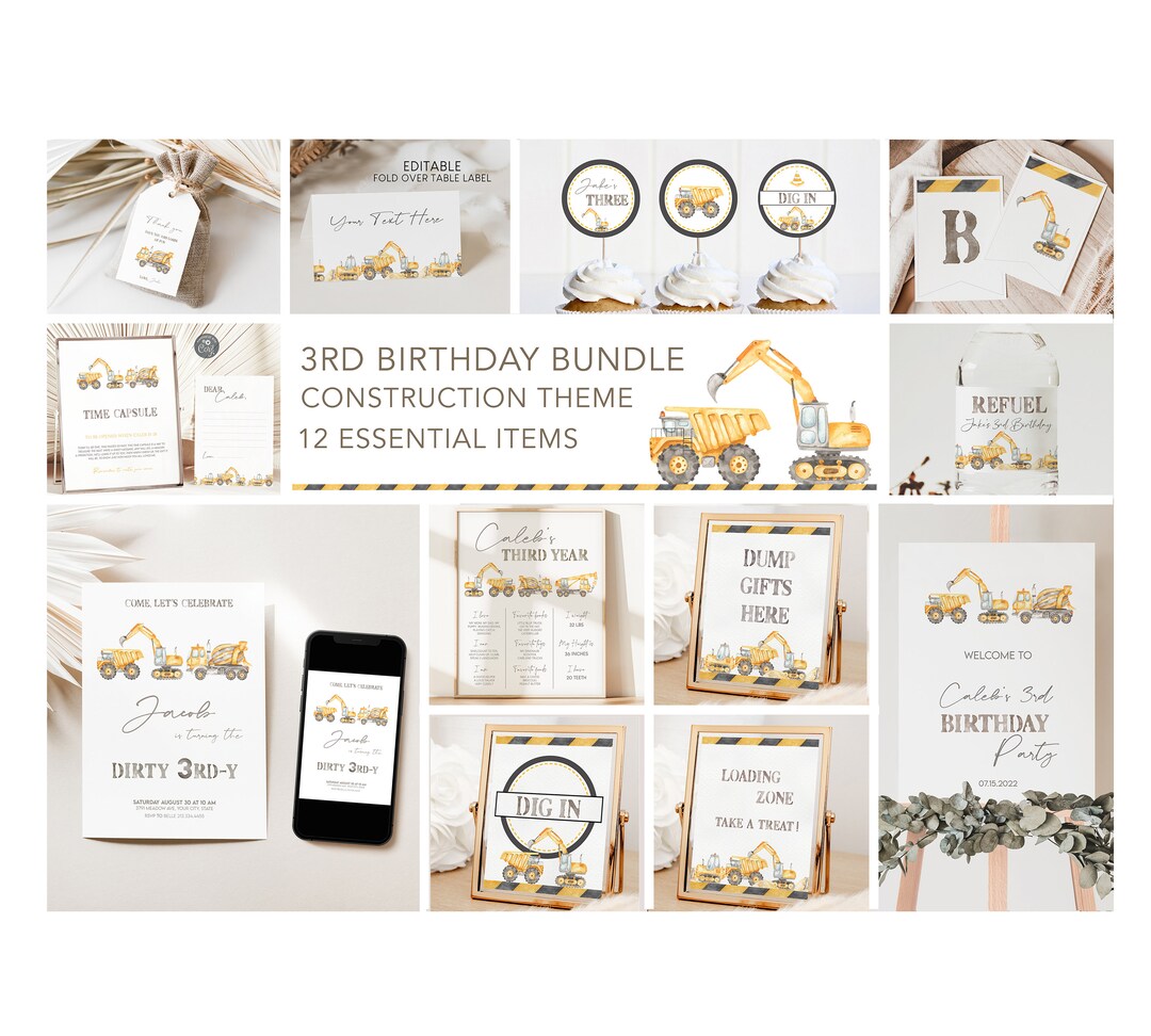 Construction 3rd Birthday Party Bundle: Editable Digger Decorations ...