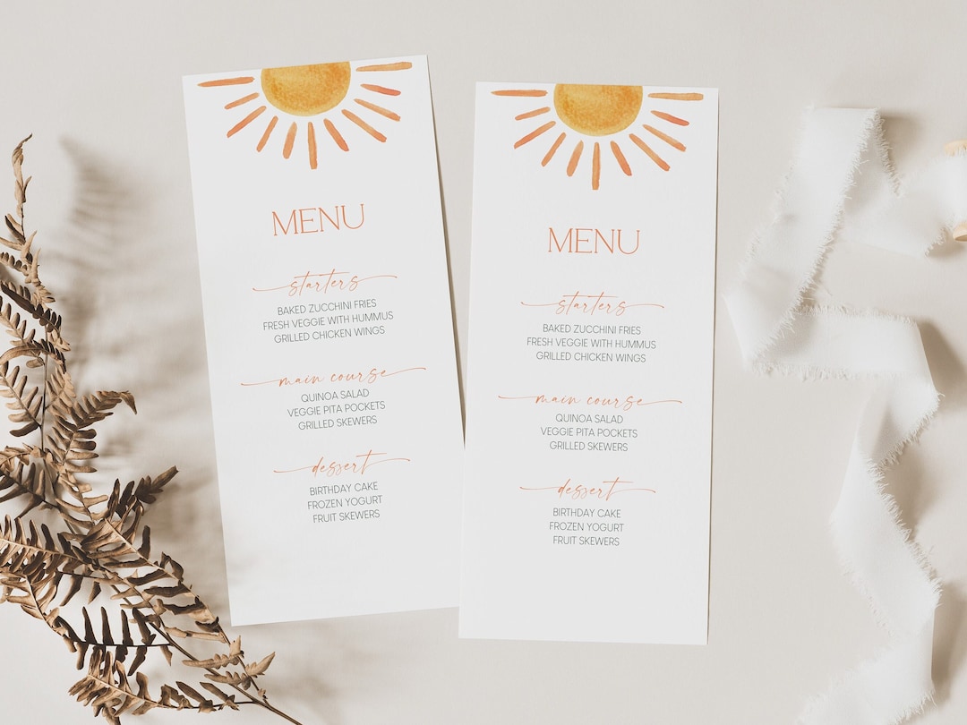 Editable Sun Menu Card Template: Sunshine Baby Shower (digital Download ...