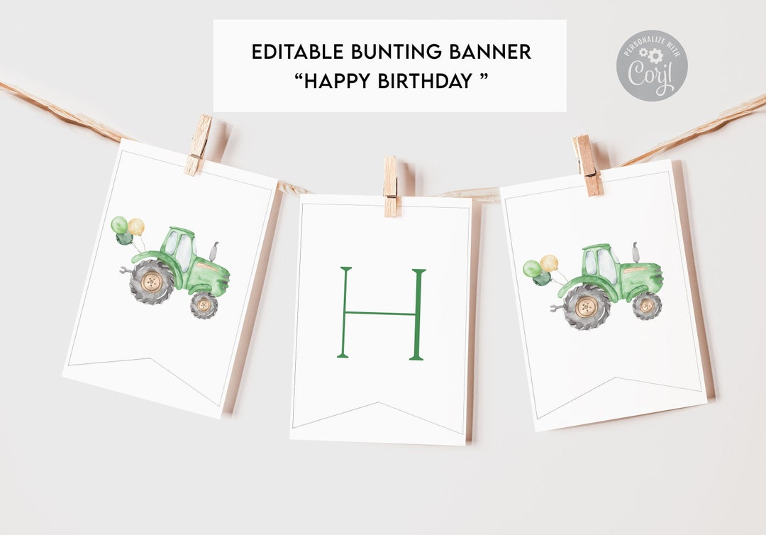 Editable Green Tractor Birthday Banner, Farm Theme Happy Birthday Sign ...