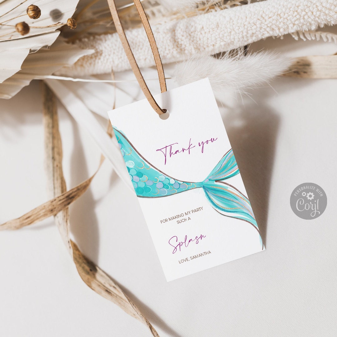 Editable Teal Mermaid Tail Favor Tag, Blue Green Mermaid Birthday Gift ...