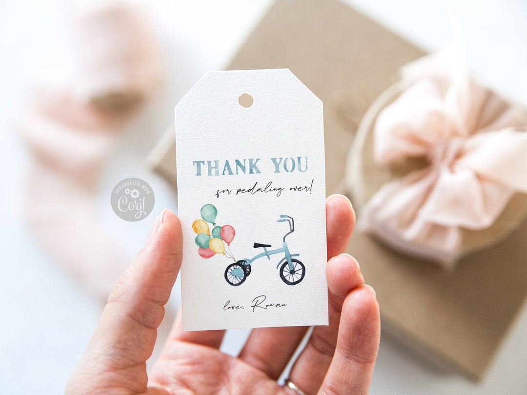 Editable Blue Tricycle Thank You Tags, Bicycle With Balloons Gift Bag ...