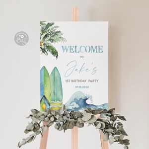 Editable Surf the Big One Birthday Welcome Sign | Modern Surf's up 1st ...