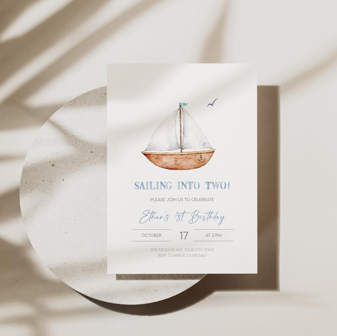Sailing Into Two Birthday Invitation, Editable Sailboat 2nd Birthday ...