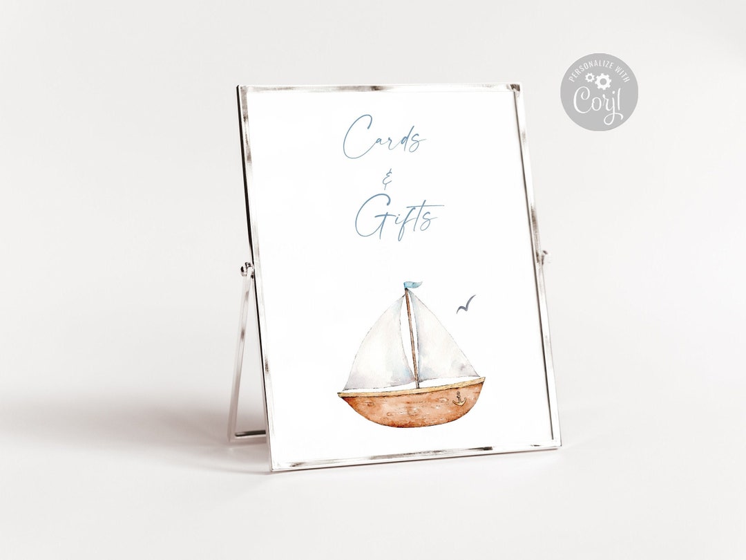 Editable Sailboat Birthday Party Sign, Gifts and Cards Sign Nautical ...