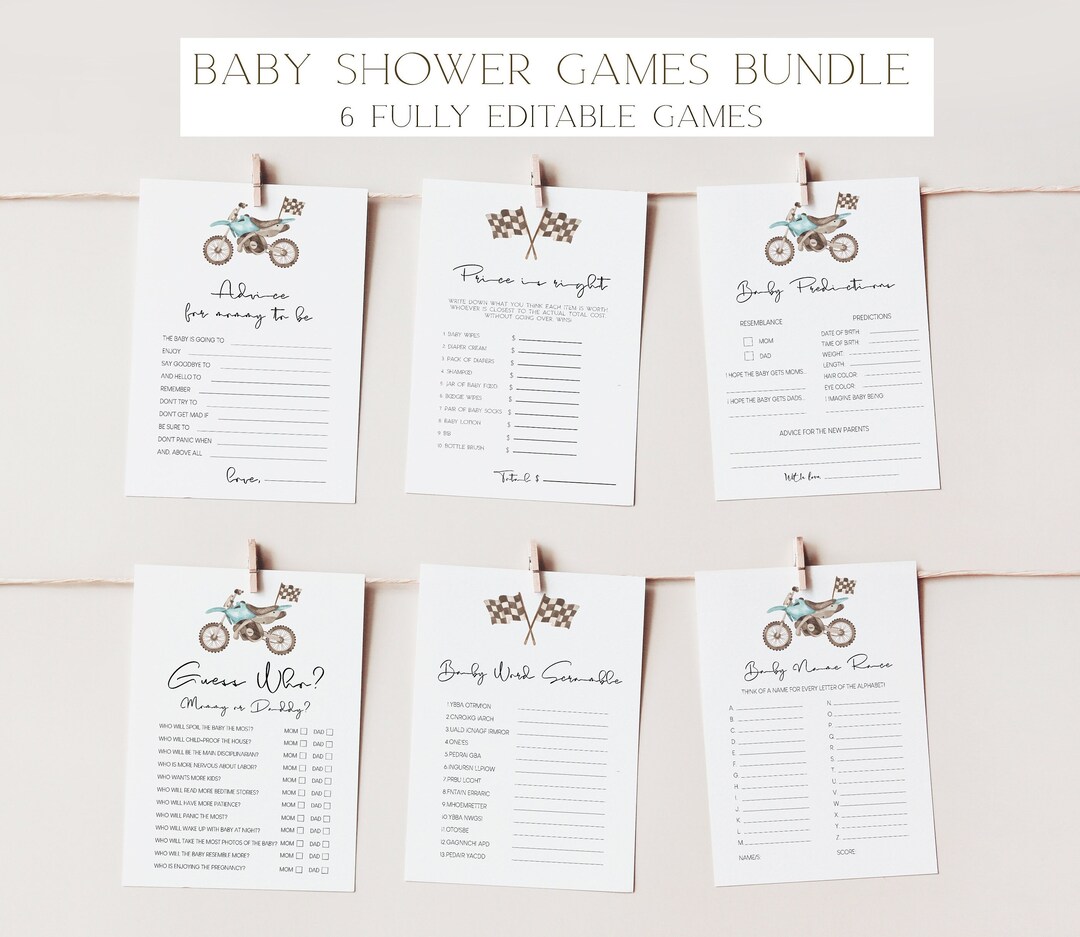 Blue Dirt Bike Baby Shower Game Bundle, Racing Bike Baby Sprinkle Game ...