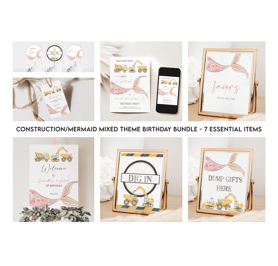 Mermaid Construction Theme Bundle, Printable Joint Birthday Party ...