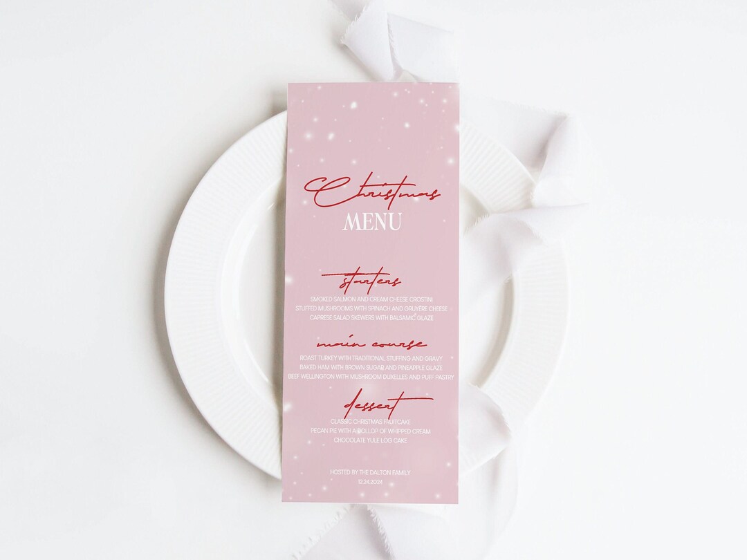 Pink Christmas Menu Template: Holiday Dinner Party (digital Download ...