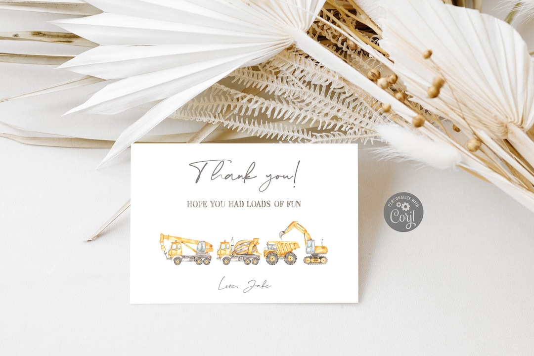 Editable Construction Trucks Thank You Card | Digger Birthday Party ...