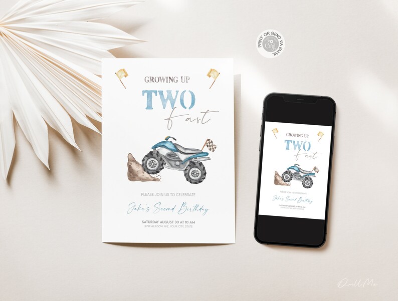 Two Fast ATV Birthday Invitation: Blue Quad Bike, Editable Template ...