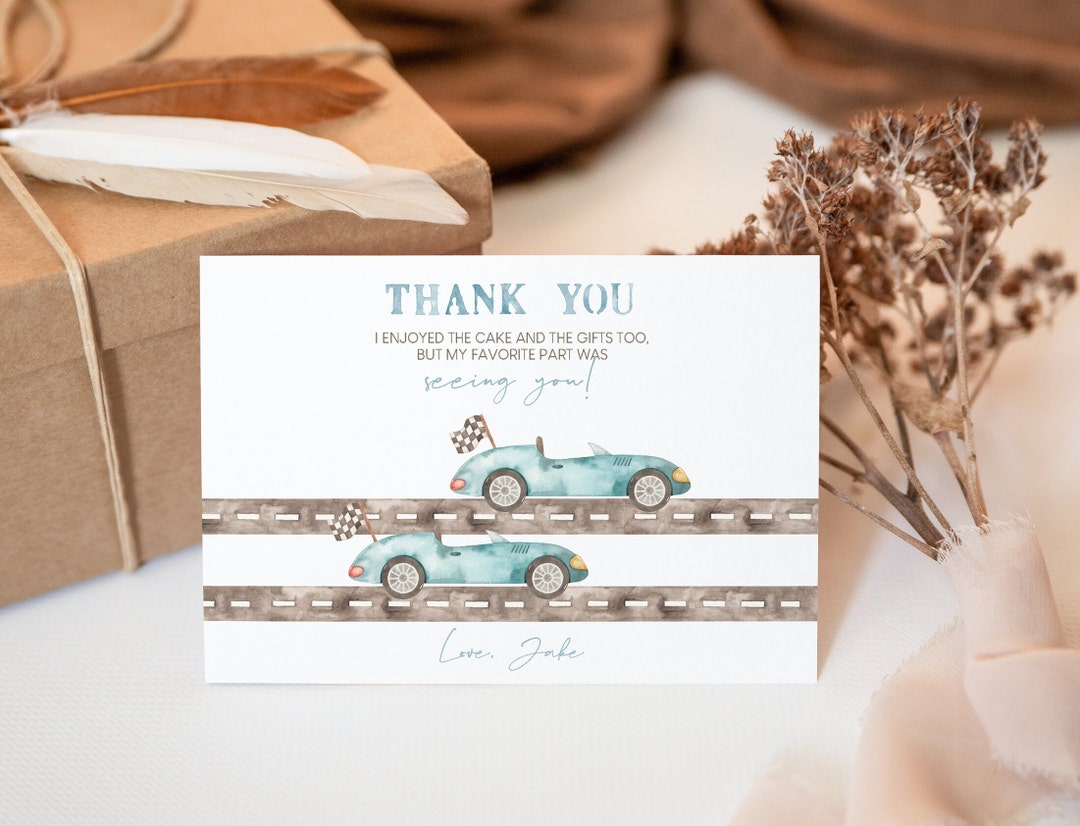 Twin Race Car Thank You Card: Retro Watercolor Design (printable ...