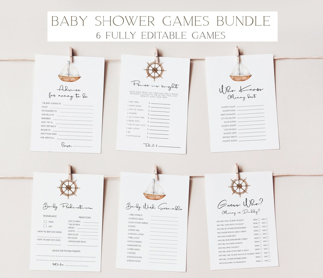 Editable Sailboat Baby Shower Games Set, Nautical Marine Theme Baby ...