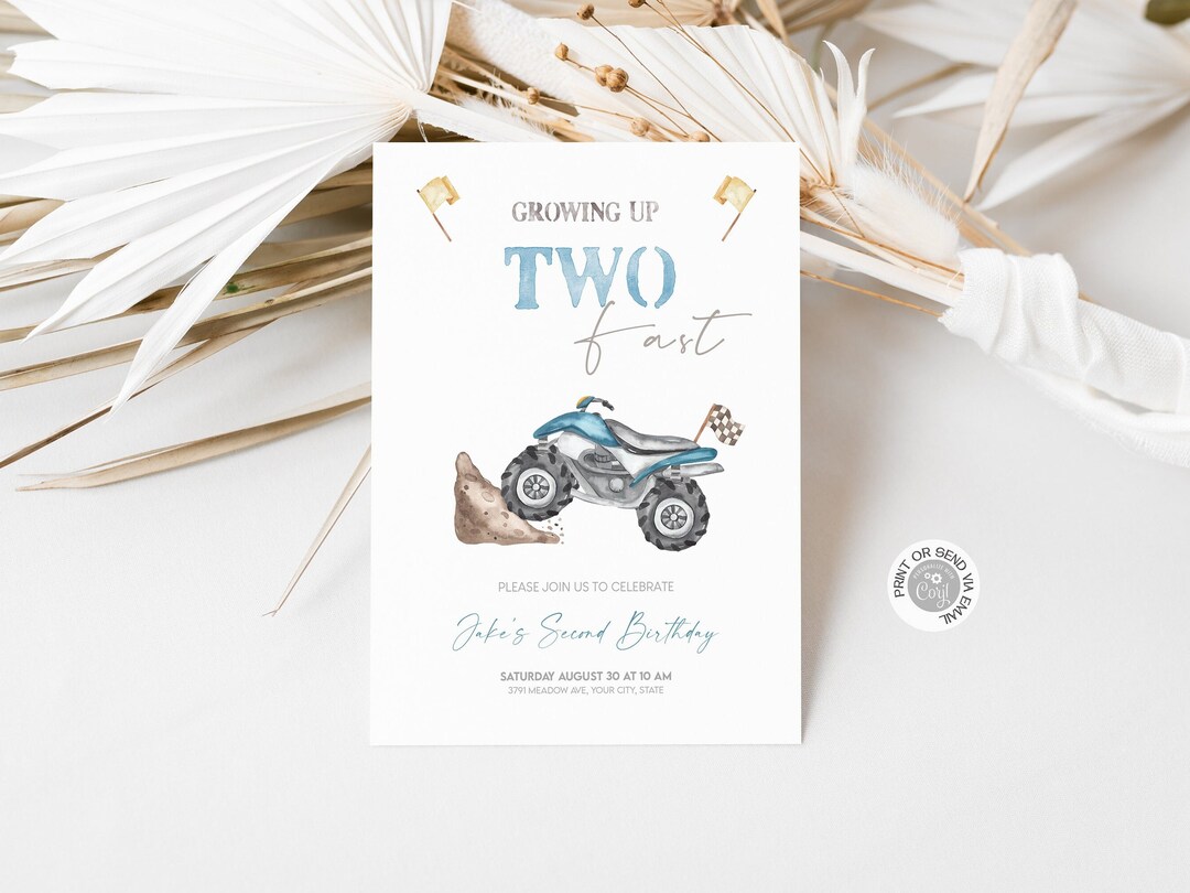 Two Fast ATV Birthday Invitation: Blue Quad Bike, Editable Template ...