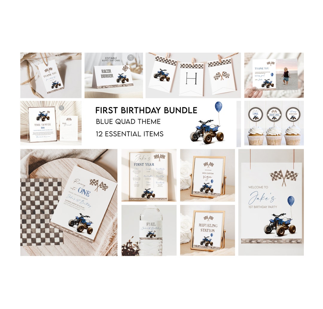 Racing Into ONE ATV Blue Quad Bike Birthday Party Bundle, Editable 4 ...