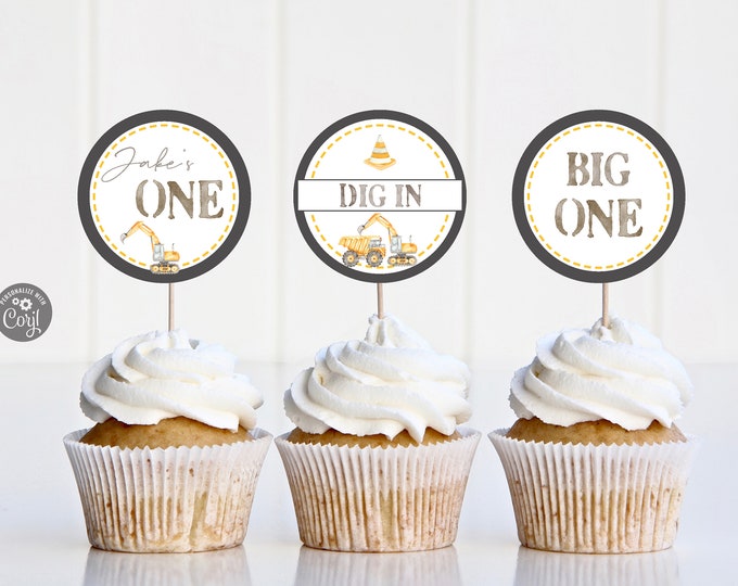 Editable Construction Cars Cupcake Toppers, Digger Party Decorations ...