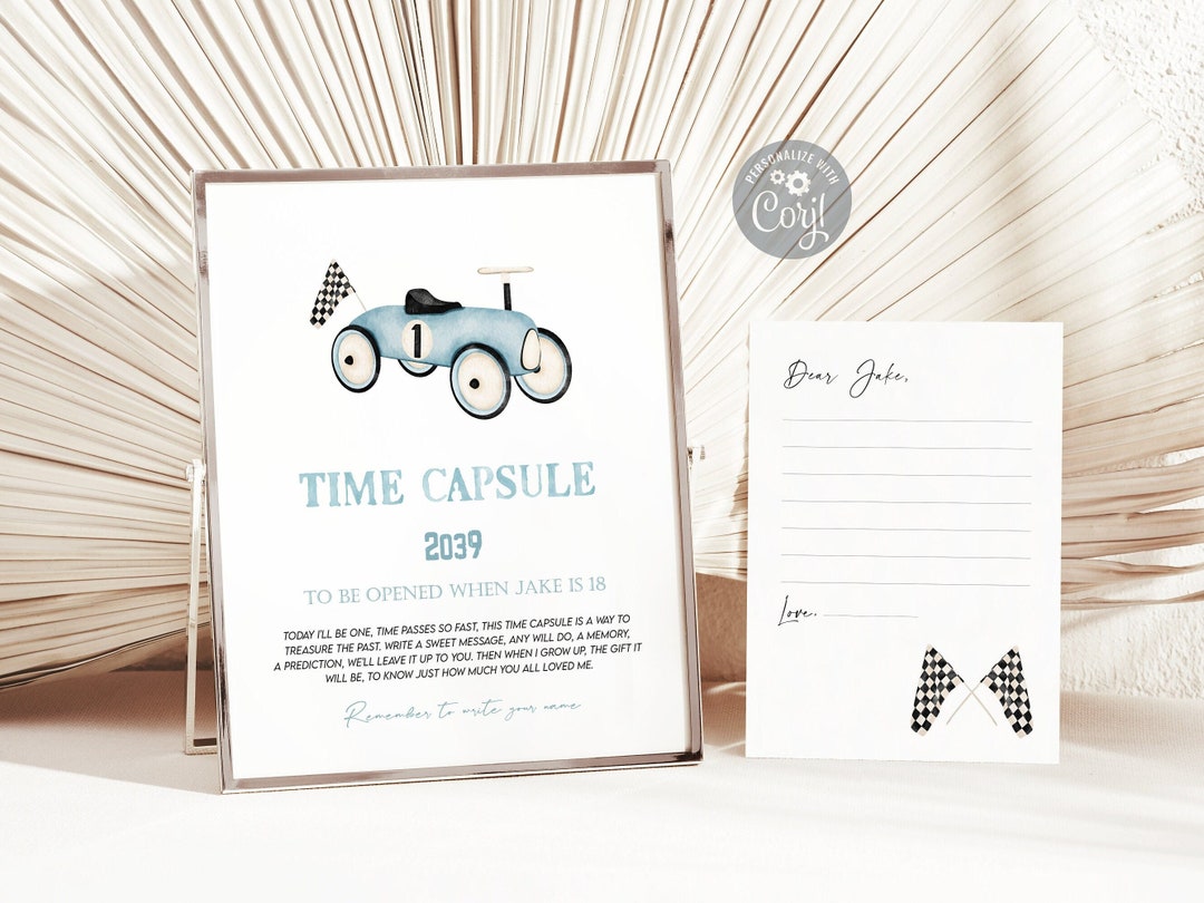 Race Car Ride on Time Capsule First Birthday Editable Blue - Etsy