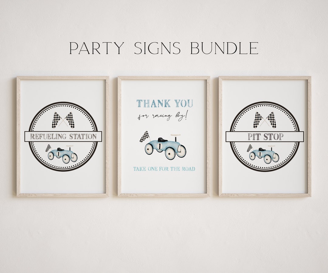 Printable Race Car Party Sign Pack | Blue Race Car Ride on Gift Sign ...