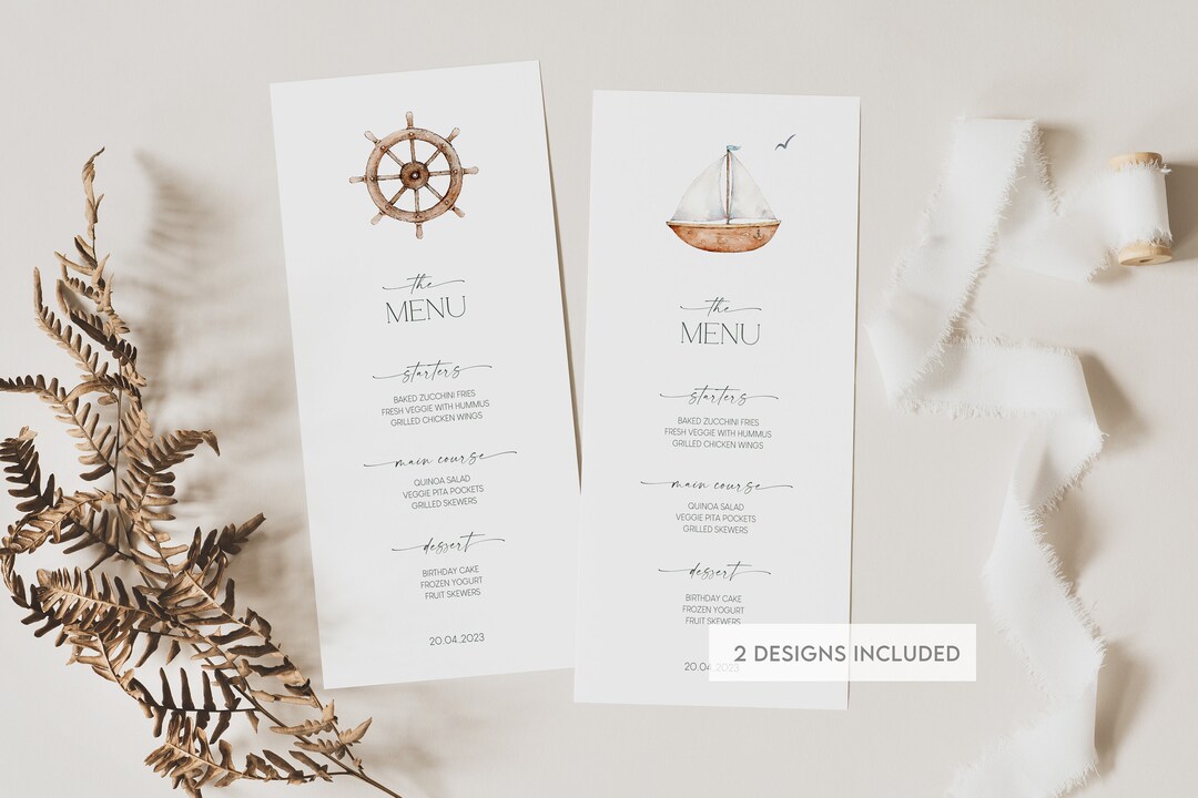 Nautical Theme Menu Cards, Printable Boat Birthday Menu Template ...