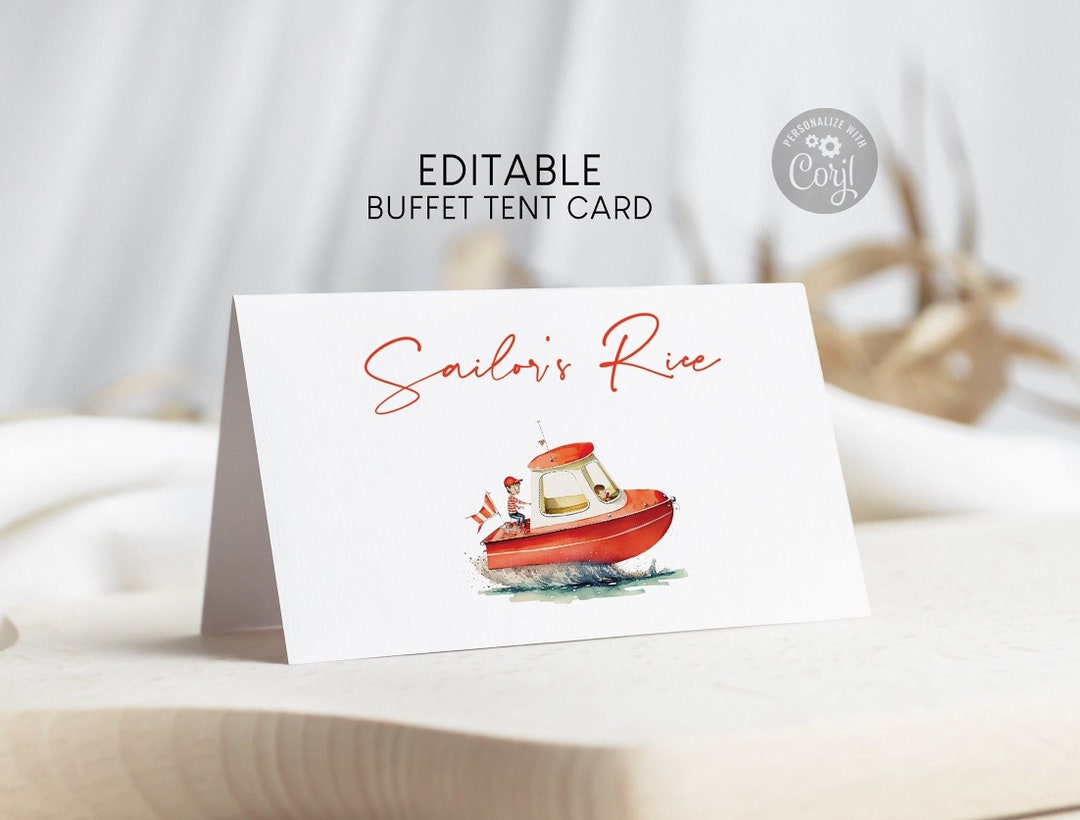 Red Speedboat 3.5x2" Folded Place Card, Motor Boat Buffet Food Label ...