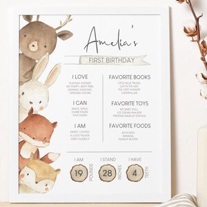 Woodland Animals First Birthday Milestone Sign: Editable Stats Poster ...