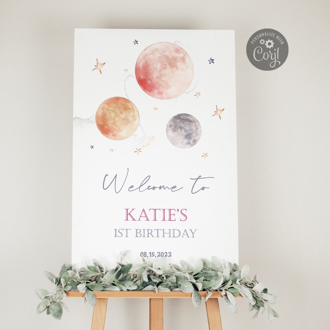 Editable Outer Space 2nd Birthday Welcome Sign, Girl Pink Purple Galaxy ...