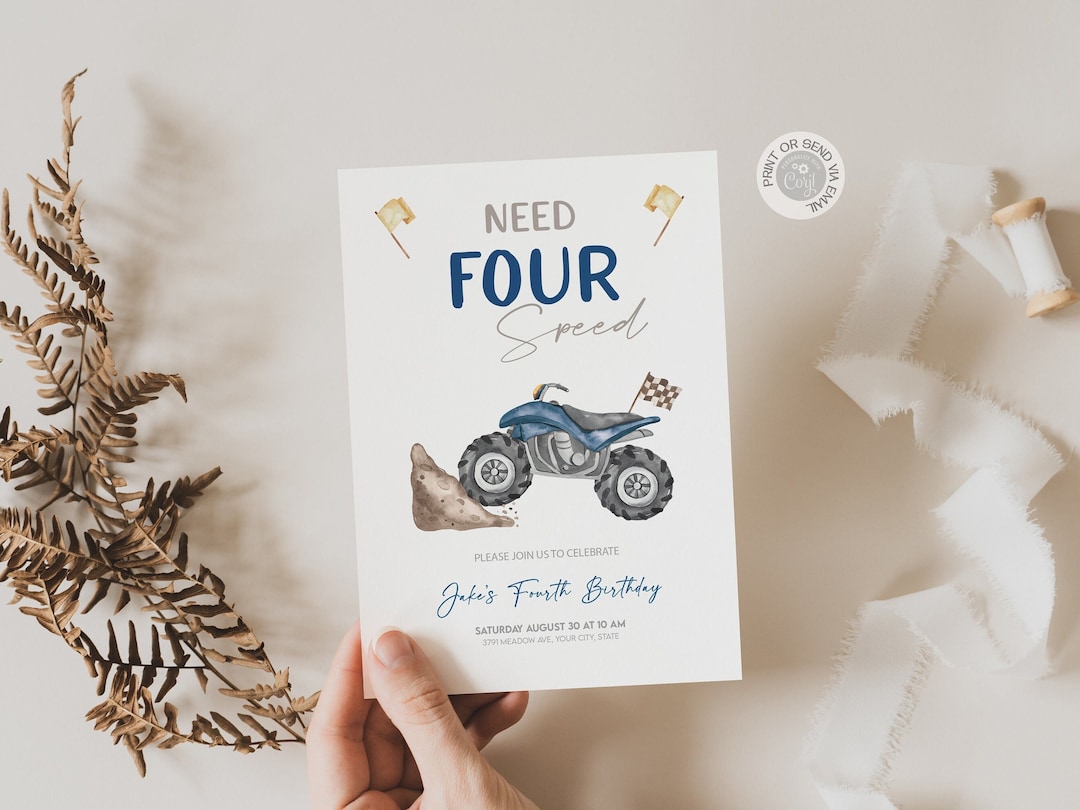 Four Wheeler 4th Birthday Invitation: Blue ATV Template (digital ...
