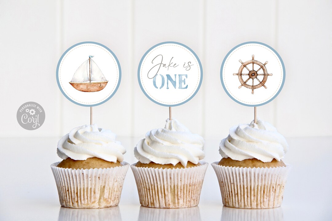 Nautical Boy Birthday Cupcake Toppers, Blue Sailboat Birthday Party ...